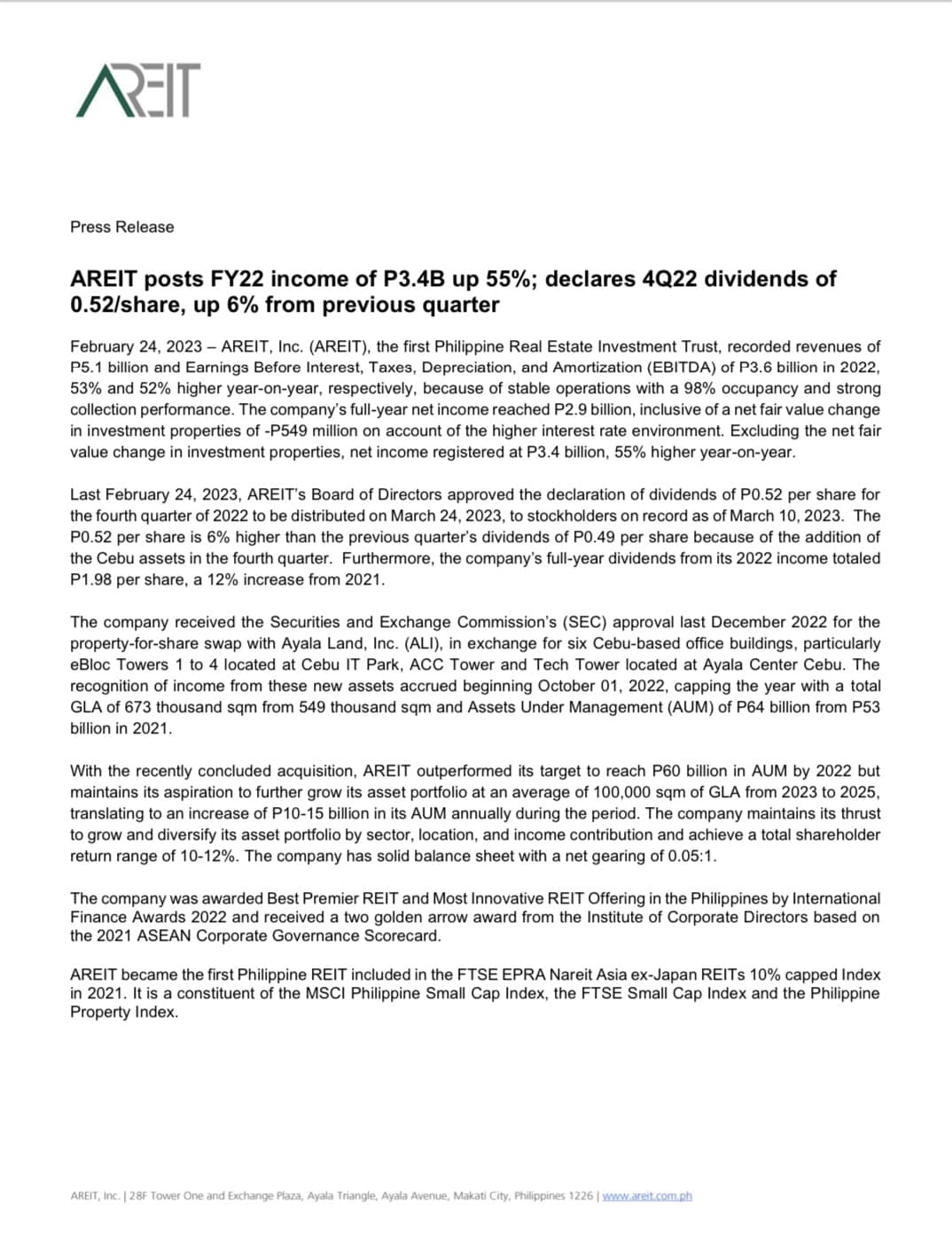 AREIT’s full year 2022 dividend is up 12% – philreitinvestor.com
